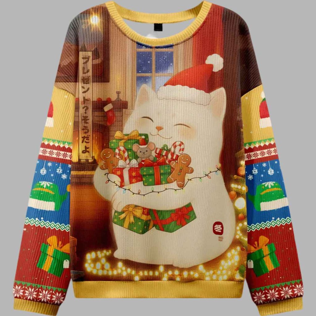 Cat Holding Gift Ugly Christmas Sweater - gullprint.com