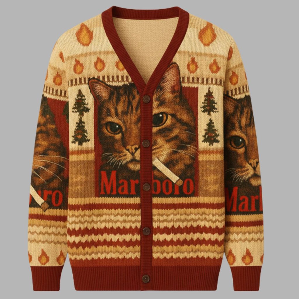 Funny Smoking Cat Meme Ugly Cardigan Sweater - gullprint.com