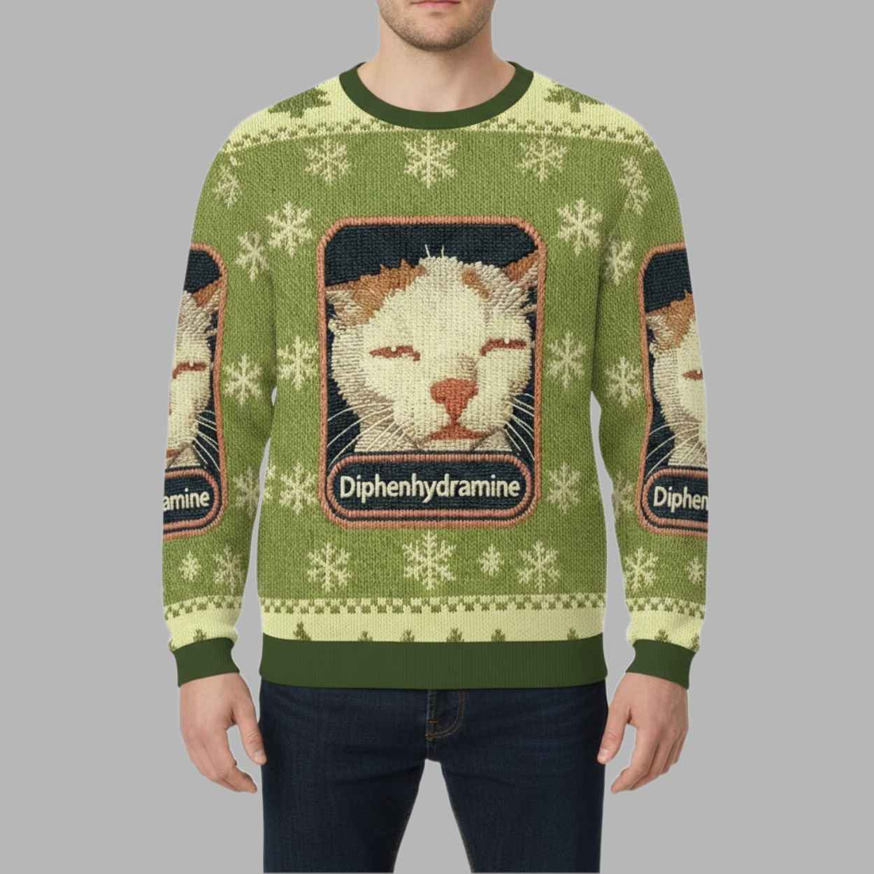 Green Drowsy Diphenhydramine Cat Meme Christmas Ugly Sweater - gullprint.com
