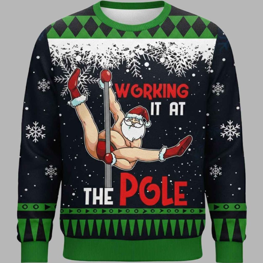 Santa Working It At The Pole Christmas Ugly Sweater - gullprint.com