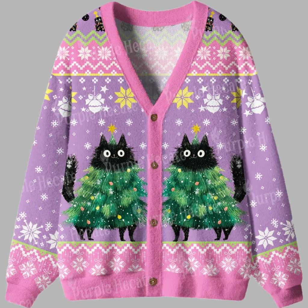 Funny Black Cat in Tree Ugly Cardigan Sweater - gullprint.com